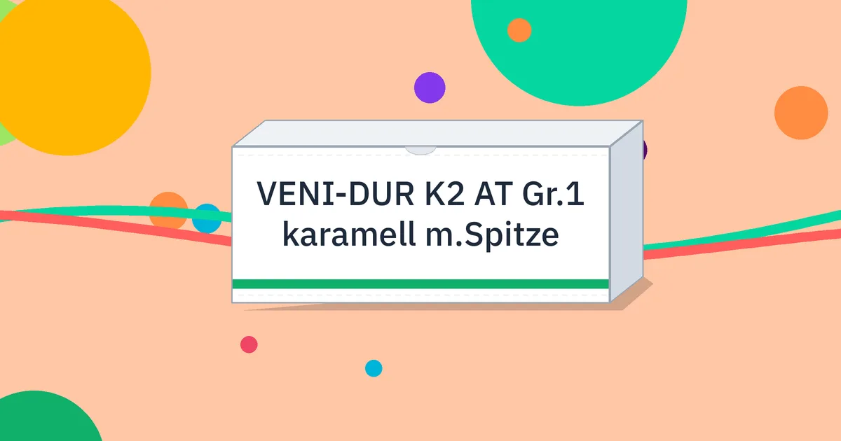 Symbolbild: Packung mit der Aufschrift VENI-DUR K2 AT Gr.1 karamell m.Spitze (PZN 13756952) – Verfügbarkeit und Bezug in Apotheken in Frankfurt am Main