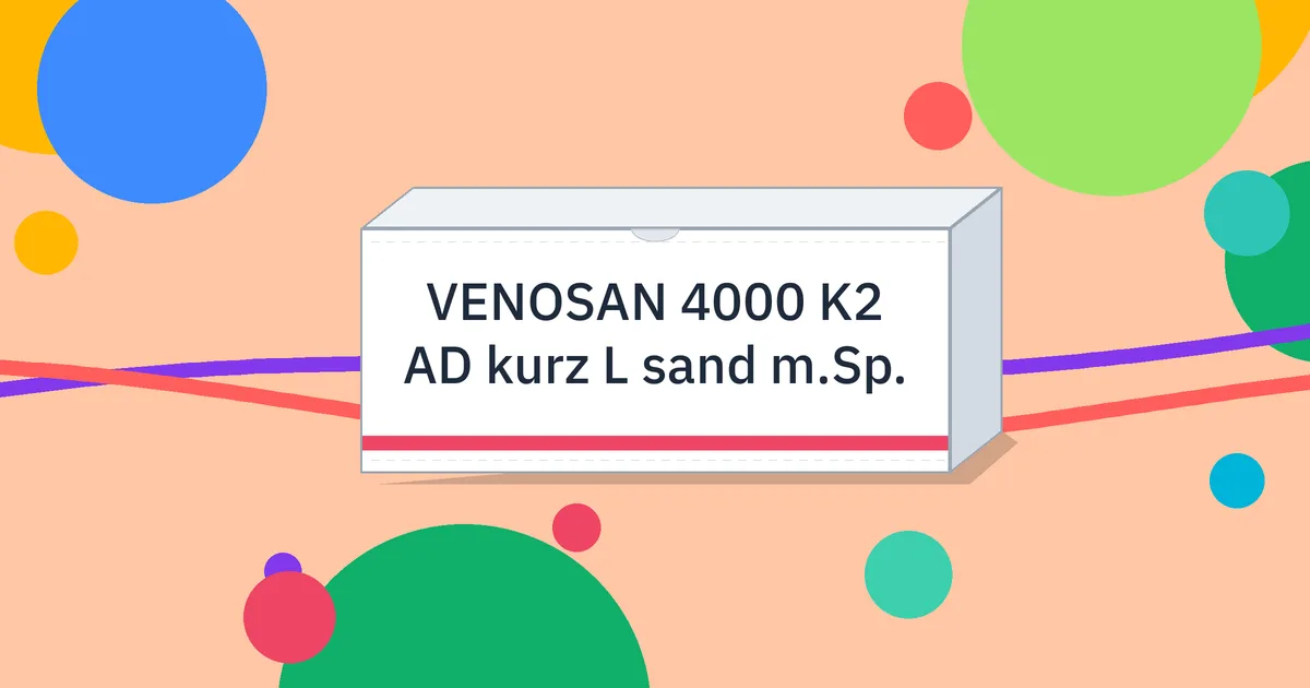 Symbolbild: Packung mit der Aufschrift VENOSAN 4000 K2 AD kurz L sand m.Sp. (PZN 14422489) – Verfügbarkeit und Bezug in Apotheken in Frankfurt am Main