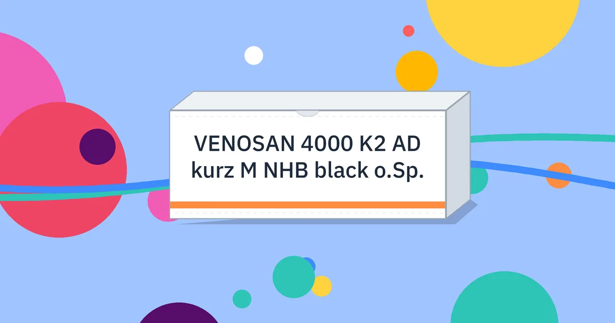 Symbolbild: Packung mit der Aufschrift VENOSAN 4000 K2 AD kurz M NHB black o.Sp. (PZN 14427423) – Verfügbarkeit und Bezug in Apotheken in Frankfurt am Main