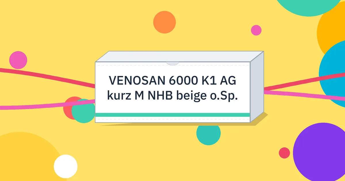 Symbolbild: Packung mit der Aufschrift VENOSAN 6000 K1 AG kurz M NHB beige o.Sp. (PZN 17171504) – Verfügbarkeit und Bezug in Apotheken in Frankfurt am Main