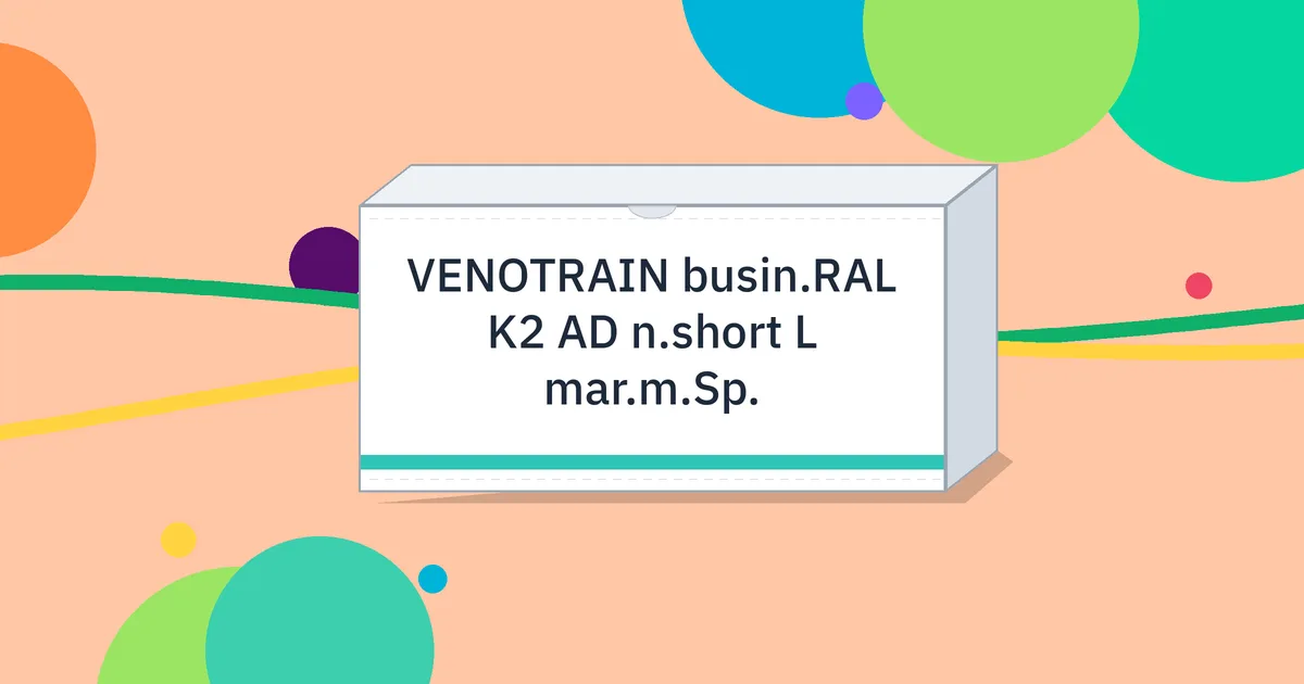 Symbolbild: Packung mit der Aufschrift VENOTRAIN busin.RAL K2 AD n.short L mar.m.Sp. (PZN 06949171) – Verfügbarkeit und Bezug in Apotheken in Frankfurt am Main