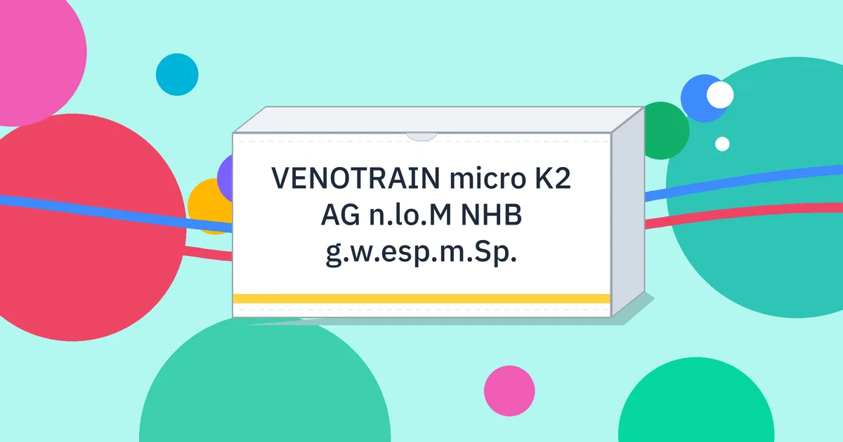 Symbolbild: Packung mit der Aufschrift VENOTRAIN micro K2 AG n.lo.M NHB g.w.esp.m.Sp. (PZN 09020286) – Verfügbarkeit und Bezug in Apotheken in Frankfurt am Main