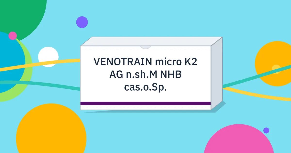 Symbolbild: Packung mit der Aufschrift VENOTRAIN micro K2 AG n.sh.M NHB cas.o.Sp. (PZN 20760983) – Verfügbarkeit und Bezug in Apotheken in Frankfurt am Main