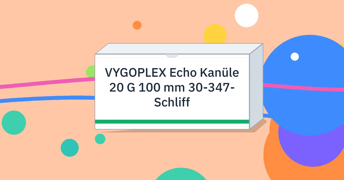 Symbolbild: Packung mit der Aufschrift VYGOPLEX Echo Kanüle 20 G 100 mm 30-347-Schliff (PZN 19817749) – Verfügbarkeit und Bezug in Apotheken in Frankfurt am Main