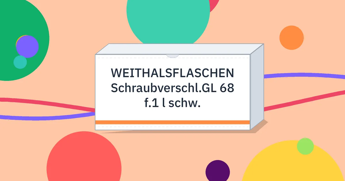 Symbolbild: Packung mit der Aufschrift WEITHALSFLASCHEN Schraubverschl.GL 68 f.1 l schw. (PZN 18111473) – Verfügbarkeit und Bezug in Apotheken in Frankfurt am Main