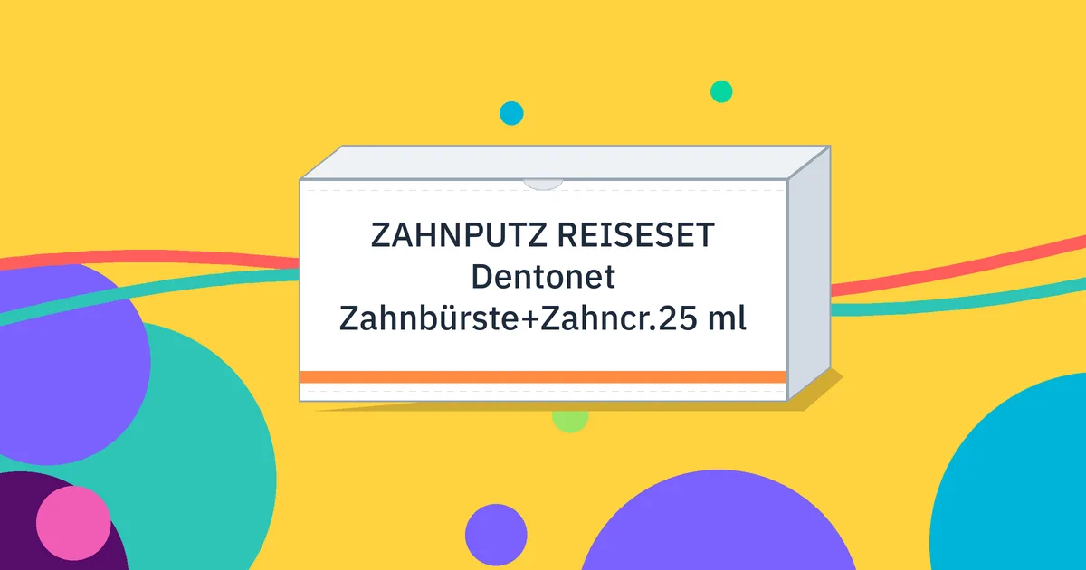Symbolbild: Packung mit der Aufschrift ZAHNPUTZ REISESET Dentonet Zahnbürste+Zahncr.25 ml (PZN 06473113) – Verfügbarkeit und Bezug in Apotheken in Frankfurt am Main