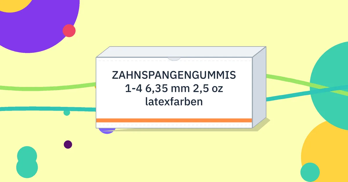 Symbolbild: Packung mit der Aufschrift ZAHNSPANGENGUMMIS 1-4 6,35 mm 2,5 oz latexfarben (PZN 19857708) – Verfügbarkeit und Bezug in Apotheken in Frankfurt am Main