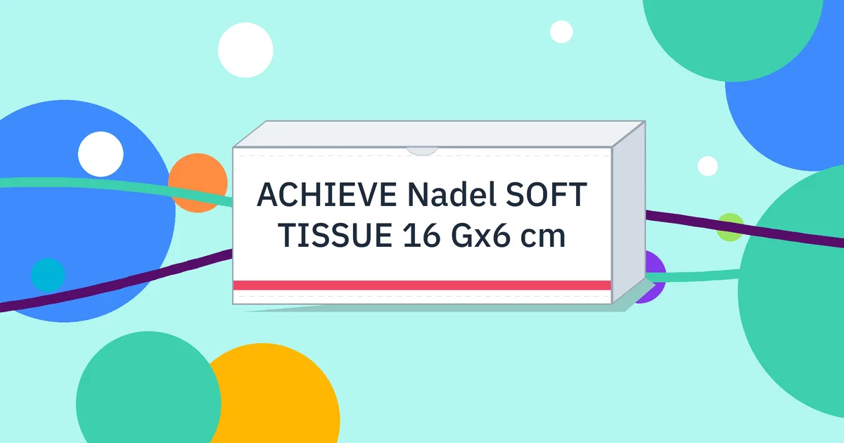 Symbolbild: Packung mit der Aufschrift ACHIEVE Nadel SOFT TISSUE 16 Gx6 cm (PZN 18763448) – Verfügbarkeit und Bezug in Apotheken in Frankfurt am Main