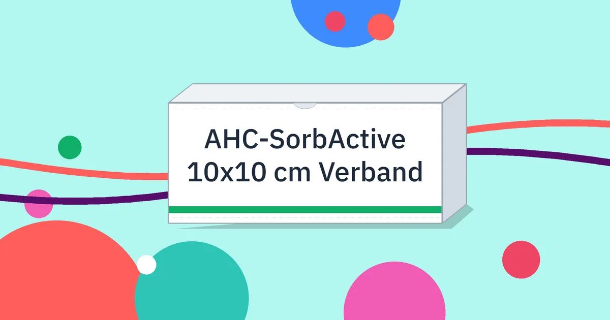 Symbolbild: Packung mit der Aufschrift AHC-SorbActive 10x10 cm Verband (PZN 18883566) – Verfügbarkeit und Bezug in Apotheken in Frankfurt am Main