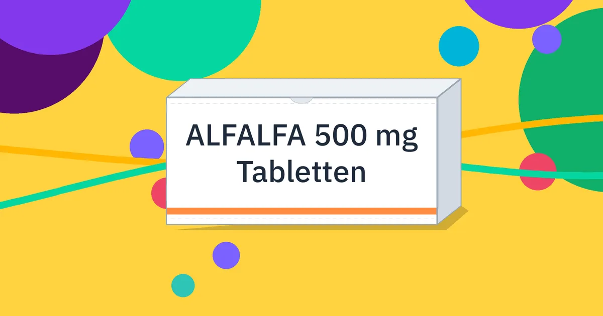 Symbolbild: Packung mit der Aufschrift ALFALFA 500 mg Tabletten (PZN 18487066) – Verfügbarkeit und Bezug in Apotheken in Frankfurt am Main