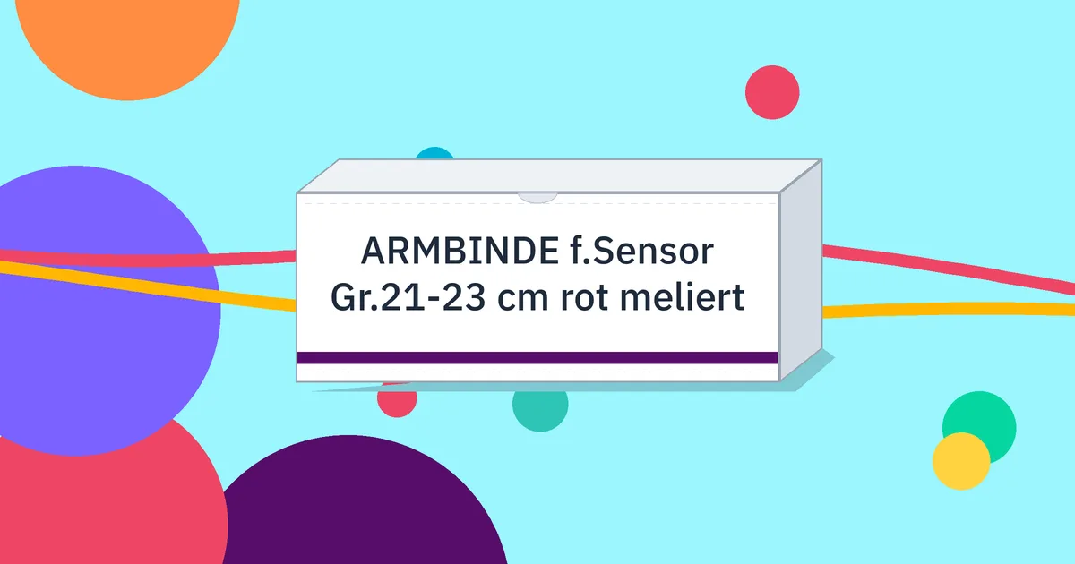 Symbolbild: Packung mit der Aufschrift ARMBINDE f.Sensor Gr.21-23 cm rot meliert (PZN 13917438) – Verfügbarkeit und Bezug in Apotheken in Frankfurt am Main