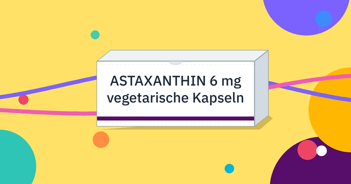 Symbolbild: Packung mit der Aufschrift ASTAXANTHIN 6 mg vegetarische Kapseln (PZN 07682095) – Verfügbarkeit und Bezug in Apotheken in Frankfurt am Main