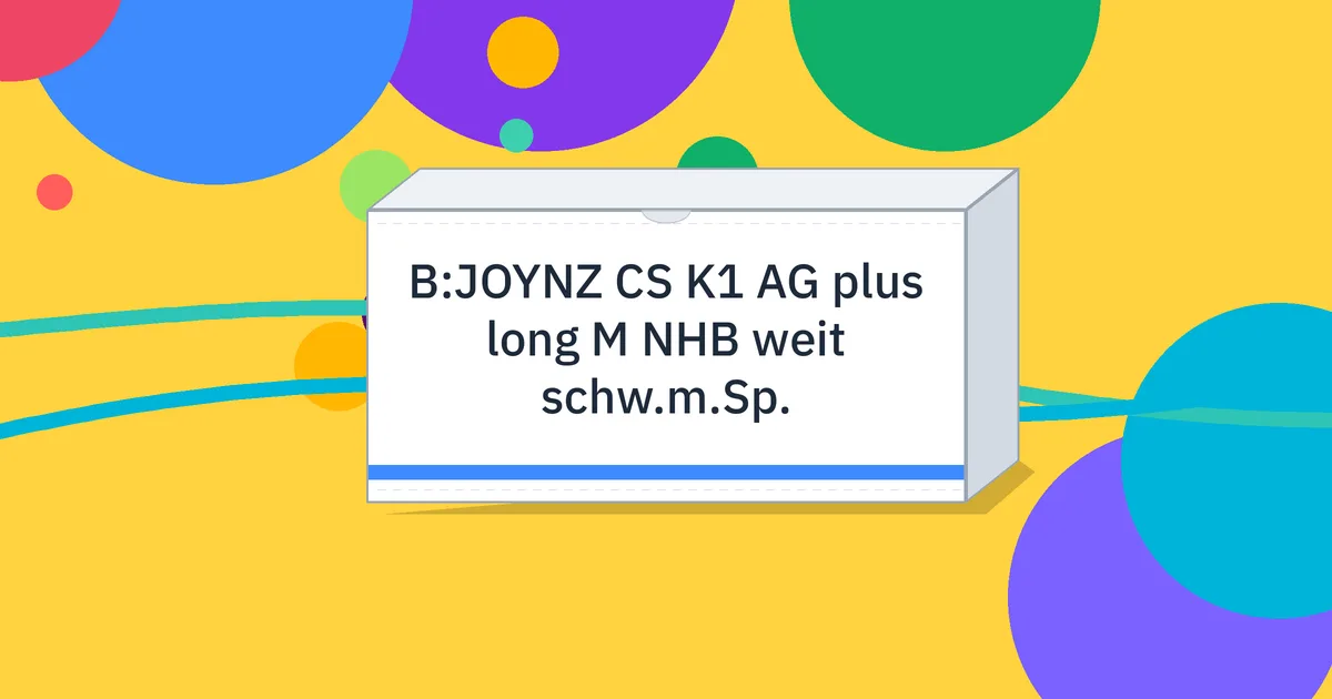 Symbolbild: Packung mit der Aufschrift B:JOYNZ CS K1 AG plus long M NHB weit schw.m.Sp. (PZN 20535499) – Verfügbarkeit und Bezug in Apotheken in Frankfurt am Main