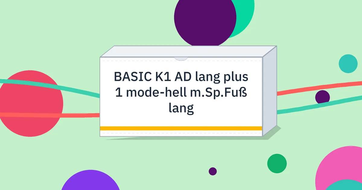 Symbolbild: Packung mit der Aufschrift BASIC K1 AD lang plus 1 mode-hell m.Sp.Fuß lang (PZN 20257037) – Verfügbarkeit und Bezug in Apotheken in Frankfurt am Main