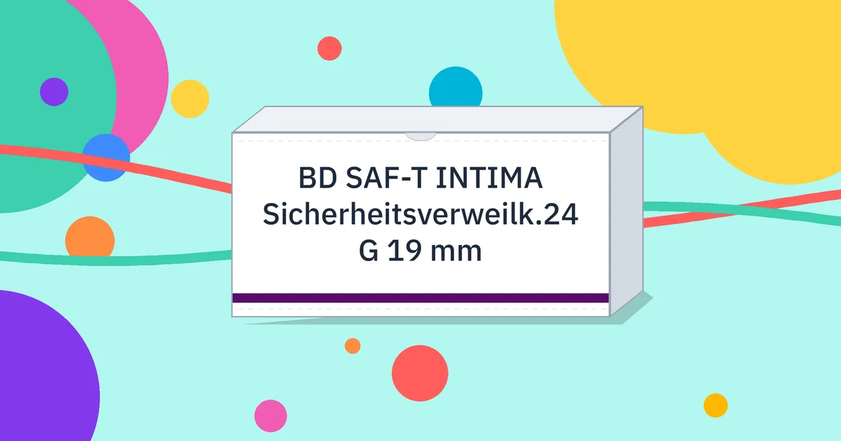 Symbolbild: Packung mit der Aufschrift BD SAF-T INTIMA Sicherheitsverweilk.24 G 19 mm (PZN 10011890) – Verfügbarkeit und Bezug in Apotheken in Frankfurt am Main