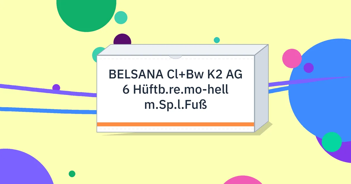 Symbolbild: Packung mit der Aufschrift BELSANA Cl+Bw K2 AG 6 Hüftb.re.mo-hell m.Sp.l.Fuß (PZN 12255403) – Verfügbarkeit und Bezug in Apotheken in Frankfurt am Main