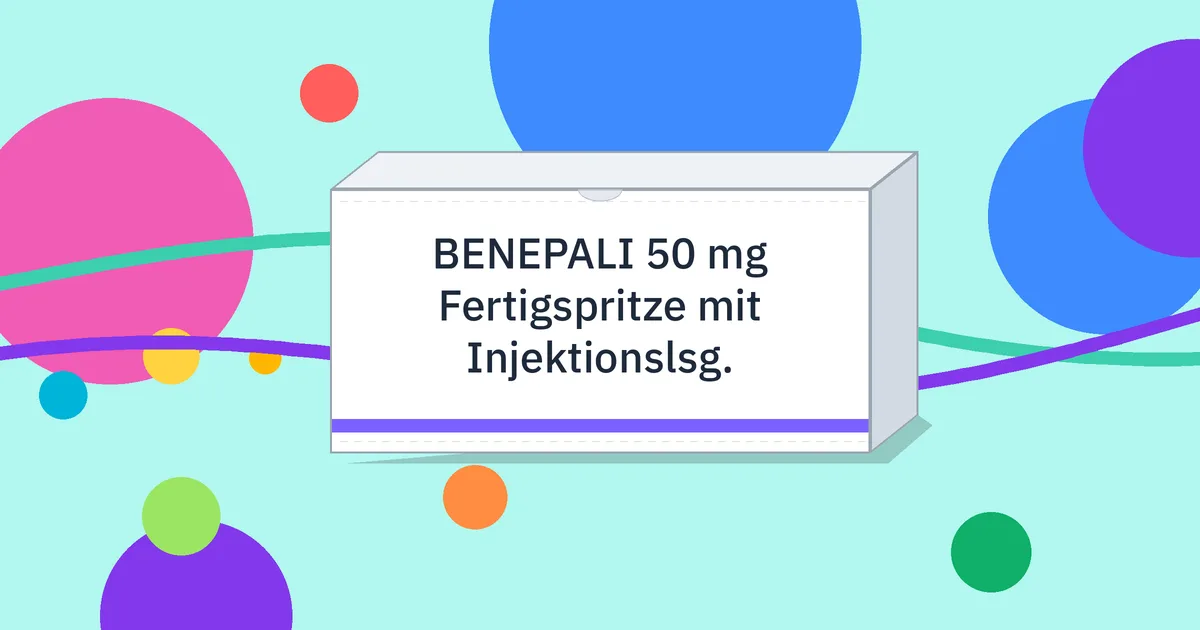 Symbolbild: Packung mit der Aufschrift BENEPALI 50 mg Fertigspritze mit Injektionslsg. (PZN 11558030) – Verfügbarkeit und Bezug in Apotheken in Frankfurt am Main