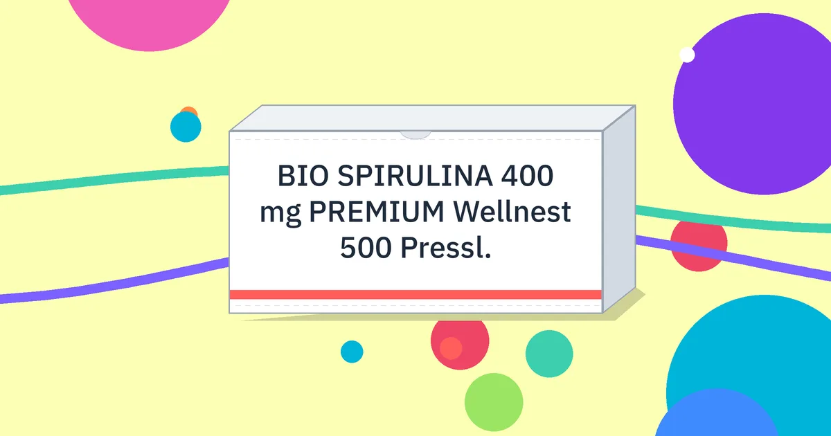 Symbolbild: Packung mit der Aufschrift BIO SPIRULINA 400 mg PREMIUM Wellnest 500 Pressl. (PZN 08458773) – Verfügbarkeit und Bezug in Apotheken in Frankfurt am Main