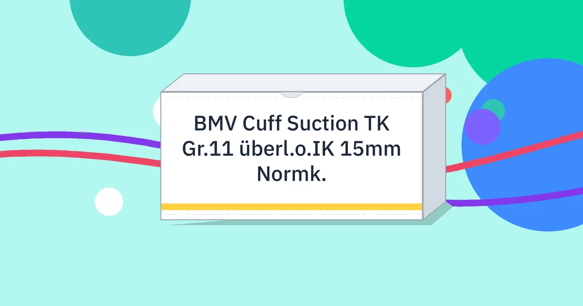 Symbolbild: Packung mit der Aufschrift BMV Cuff Suction TK Gr.11 überl.o.IK 15mm Normk. (PZN 18383473) – Verfügbarkeit und Bezug in Apotheken in Frankfurt am Main