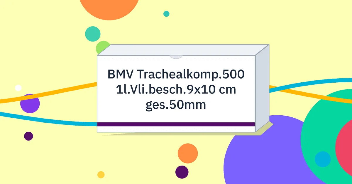 Symbolbild: Packung mit der Aufschrift BMV Trachealkomp.500 1l.Vli.besch.9x10 cm ges.50mm (PZN 16570389) – Verfügbarkeit und Bezug in Apotheken in Frankfurt am Main