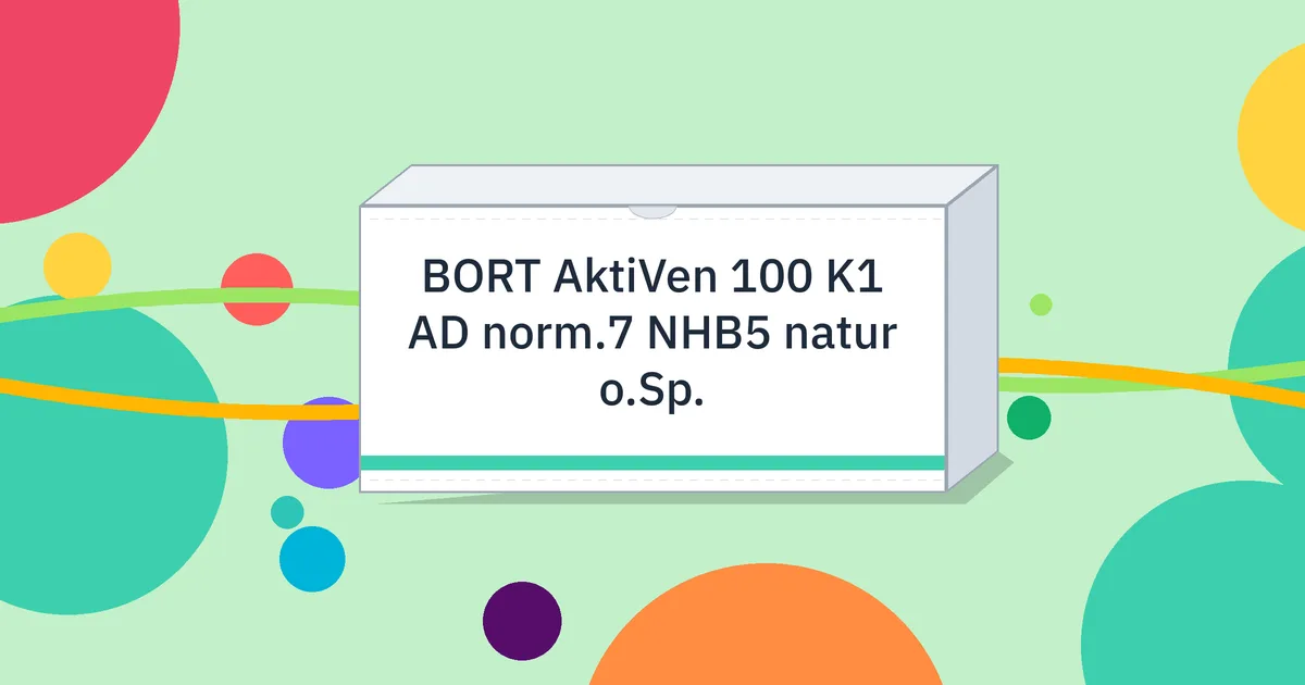 Symbolbild: Packung mit der Aufschrift BORT AktiVen 100 K1 AD norm.7 NHB5 natur o.Sp. (PZN 17493490) – Verfügbarkeit und Bezug in Apotheken in Frankfurt am Main