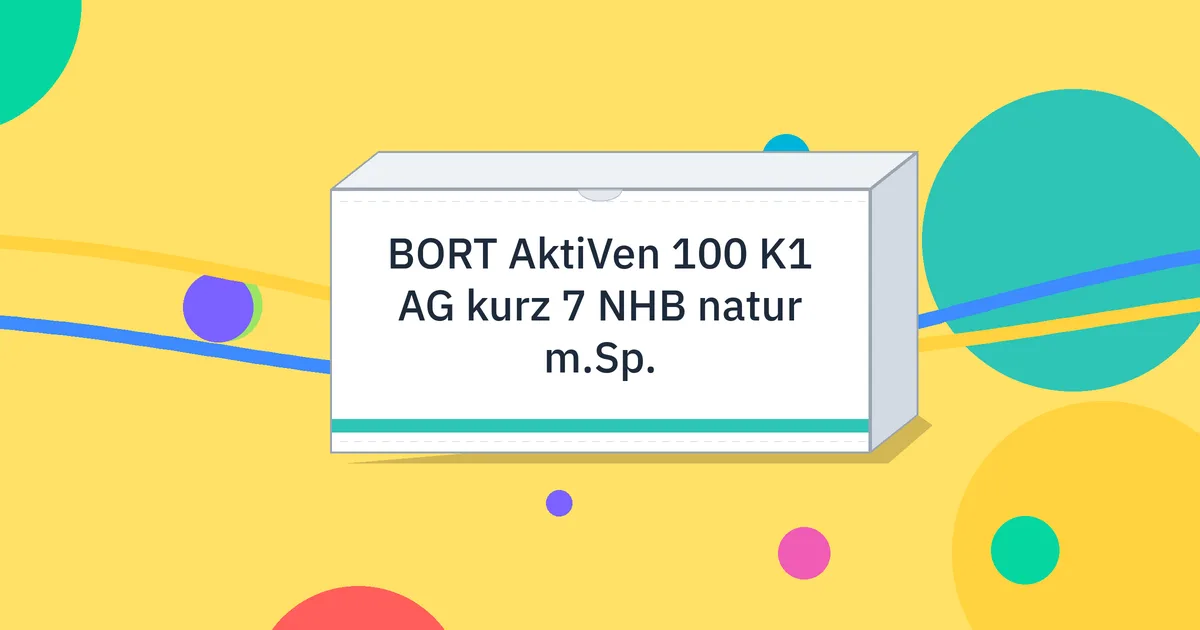 Symbolbild: Packung mit der Aufschrift BORT AktiVen 100 K1 AG kurz 7 NHB natur m.Sp. (PZN 13729949) – Verfügbarkeit und Bezug in Apotheken in Frankfurt am Main