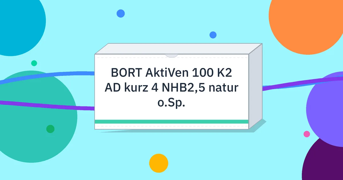 Symbolbild: Packung mit der Aufschrift BORT AktiVen 100 K2 AD kurz 4 NHB2,5 natur o.Sp. (PZN 17498671) – Verfügbarkeit und Bezug in Apotheken in Frankfurt am Main