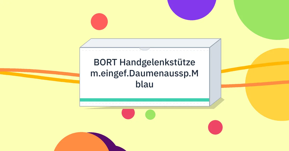 Symbolbild: Packung mit der Aufschrift BORT Handgelenkstütze m.eingef.Daumenaussp.M blau (PZN 00233187) – Verfügbarkeit und Bezug in Apotheken in Frankfurt am Main