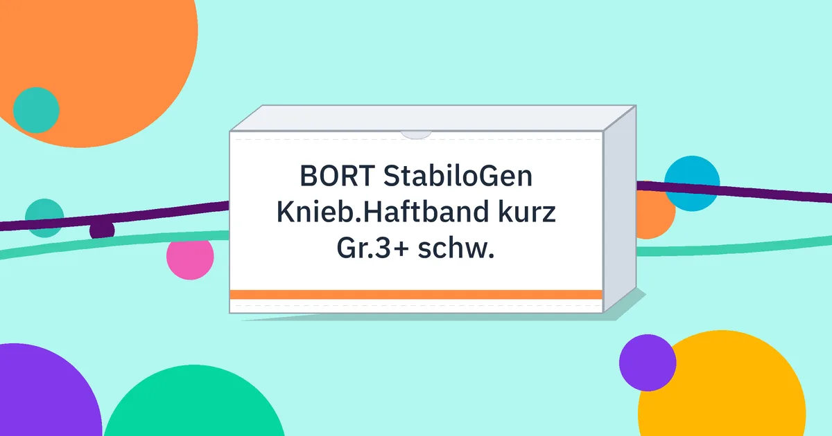Symbolbild: Packung mit der Aufschrift BORT StabiloGen Knieb.Haftband kurz Gr.3+ schw. (PZN 19634836) – Verfügbarkeit und Bezug in Apotheken in Frankfurt am Main