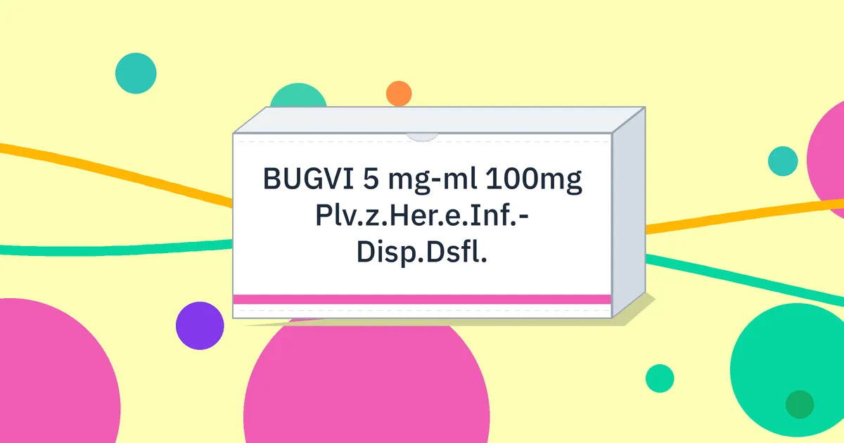Symbolbild: Packung mit der Aufschrift BUGVI 5 mg-ml 100mg Plv.z.Her.e.Inf.-Disp.Dsfl. (PZN 19136357) – Verfügbarkeit und Bezug in Apotheken in Frankfurt am Main