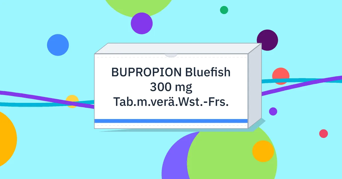 Symbolbild: Packung mit der Aufschrift BUPROPION Bluefish 300 mg Tab.m.verä.Wst.-Frs. (PZN 15293723) – Verfügbarkeit und Bezug in Apotheken in Frankfurt am Main