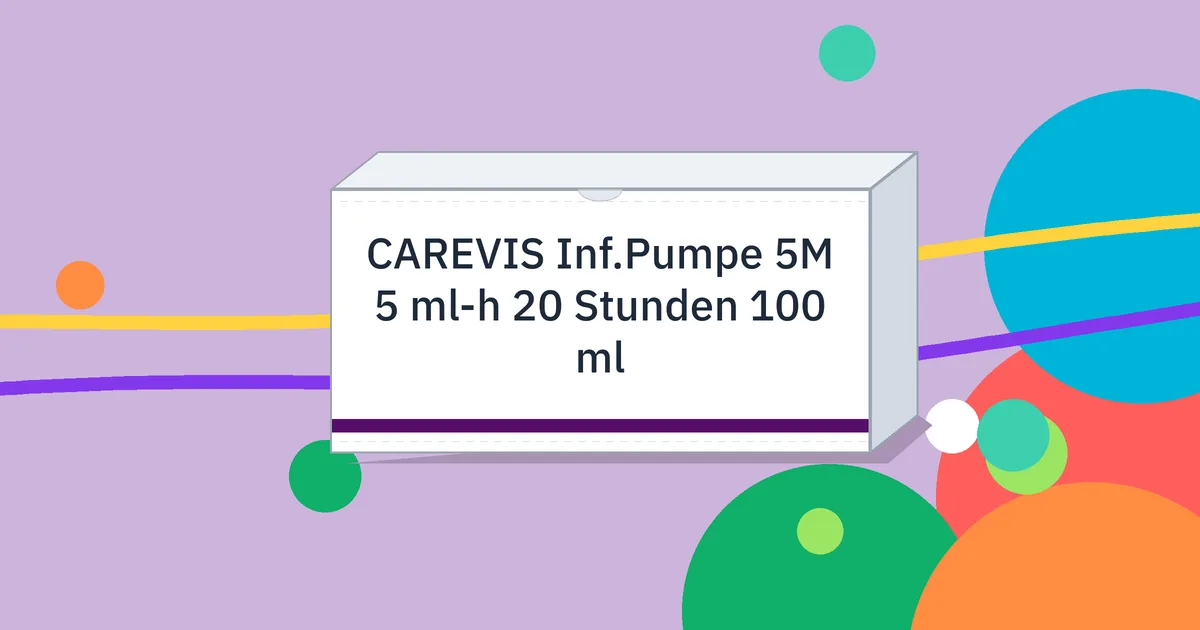 Symbolbild: Packung mit der Aufschrift CAREVIS Inf.Pumpe 5M 5 ml-h 20 Stunden 100 ml (PZN 08431099) – Verfügbarkeit und Bezug in Apotheken in Frankfurt am Main