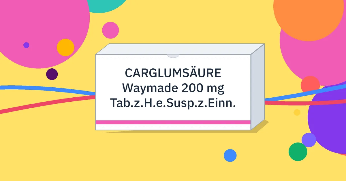 Symbolbild: Packung mit der Aufschrift CARGLUMSÄURE Waymade 200 mg Tab.z.H.e.Susp.z.Einn. (PZN 15192146) – Verfügbarkeit und Bezug in Apotheken in Frankfurt am Main