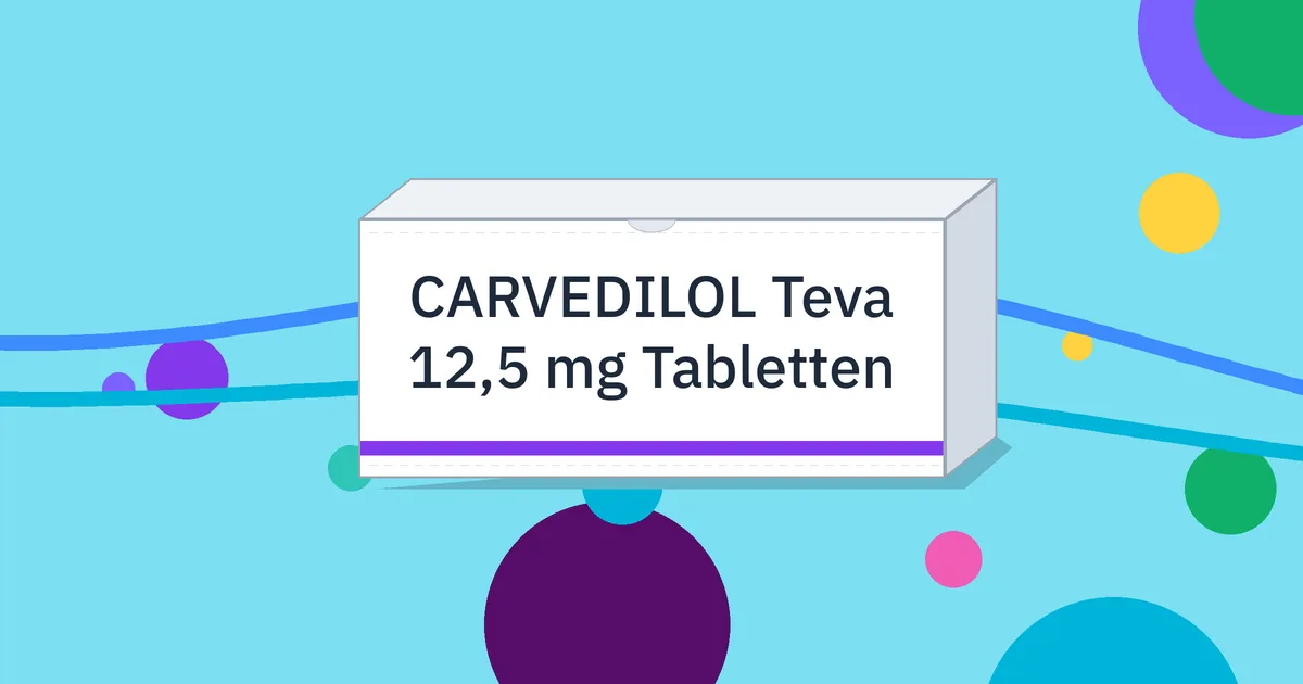 Symbolbild: Packung mit der Aufschrift CARVEDILOL Teva 12,5 mg Tabletten (PZN 01021665) – Verfügbarkeit und Bezug in Apotheken in Frankfurt am Main