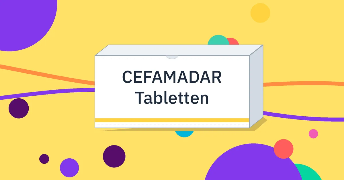 Symbolbild: Packung mit der Aufschrift CEFAMADAR Tabletten (PZN 07423867) – Verfügbarkeit und Bezug in Apotheken in Frankfurt am Main