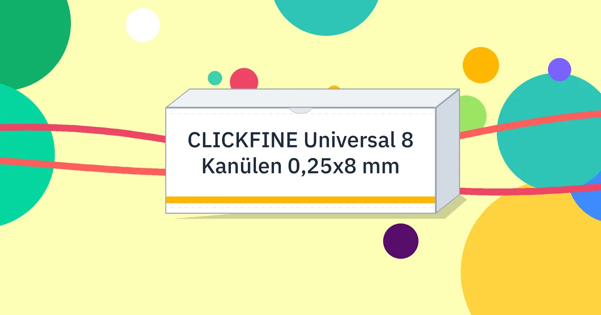 Symbolbild: Packung mit der Aufschrift CLICKFINE Universal 8 Kanülen 0,25x8 mm (PZN 16360338) – Verfügbarkeit und Bezug in Apotheken in Frankfurt am Main