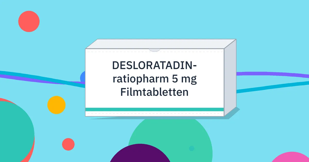 Symbolbild: Packung mit der Aufschrift DESLORATADIN-ratiopharm 5 mg Filmtabletten (PZN 15397598) – Verfügbarkeit und Bezug in Apotheken in Frankfurt am Main