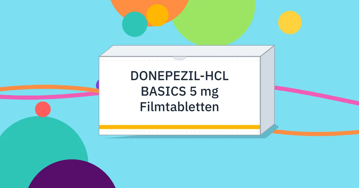 Symbolbild: Packung mit der Aufschrift DONEPEZIL-HCL BASICS 5 mg Filmtabletten (PZN 08845263) – Verfügbarkeit und Bezug in Apotheken in Frankfurt am Main