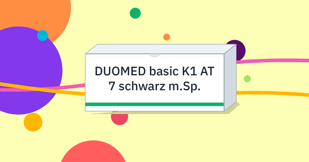 Symbolbild: Packung mit der Aufschrift DUOMED basic K1 AT 7 schwarz m.Sp. (PZN 20902822) – Verfügbarkeit und Bezug in Apotheken in Frankfurt am Main