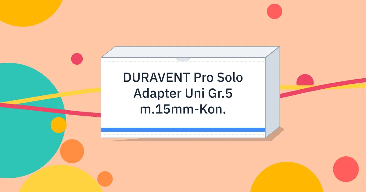 Symbolbild: Packung mit der Aufschrift DURAVENT Pro Solo Adapter Uni Gr.5 m.15mm-Kon. (PZN 19272646) – Verfügbarkeit und Bezug in Apotheken in Frankfurt am Main