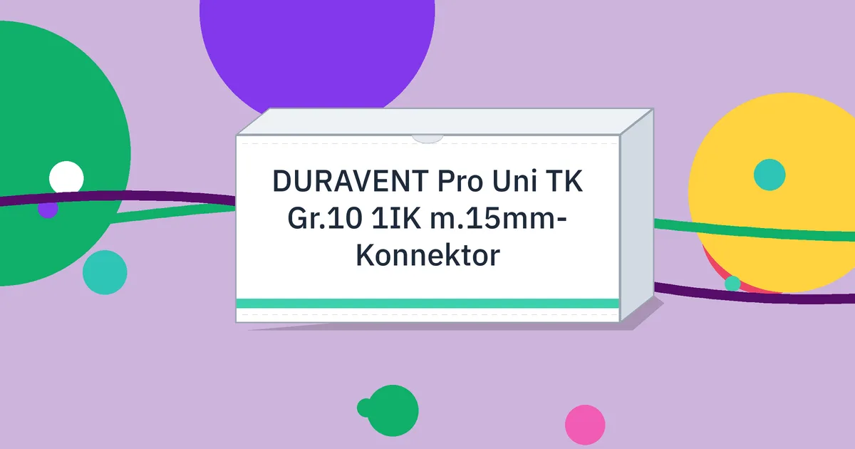 Symbolbild: Packung mit der Aufschrift DURAVENT Pro Uni TK Gr.10 1IK m.15mm-Konnektor (PZN 19242510) – Verfügbarkeit und Bezug in Apotheken in Frankfurt am Main