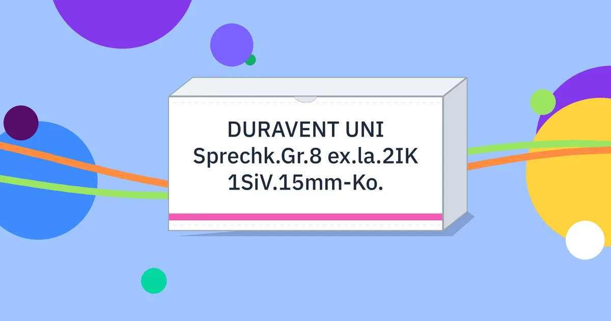 Symbolbild: Packung mit der Aufschrift DURAVENT UNI Sprechk.Gr.8 ex.la.2IK 1SiV.15mm-Ko. (PZN 02088944) – Verfügbarkeit und Bezug in Apotheken in Frankfurt am Main