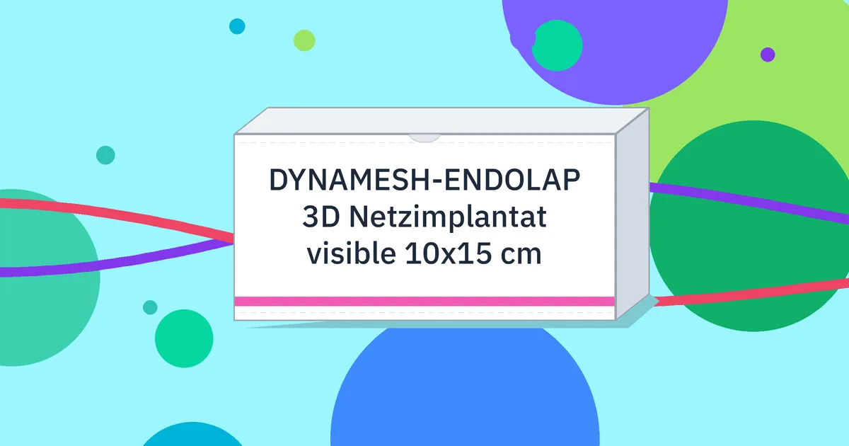 Symbolbild: Packung mit der Aufschrift DYNAMESH-ENDOLAP 3D Netzimplantat visible 10x15 cm (PZN 18066488) – Verfügbarkeit und Bezug in Apotheken in Frankfurt am Main
