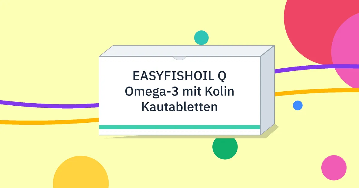 Symbolbild: Packung mit der Aufschrift EASYFISHOIL Q Omega-3 mit Kolin Kautabletten (PZN 18662776) – Verfügbarkeit und Bezug in Apotheken in Frankfurt am Main