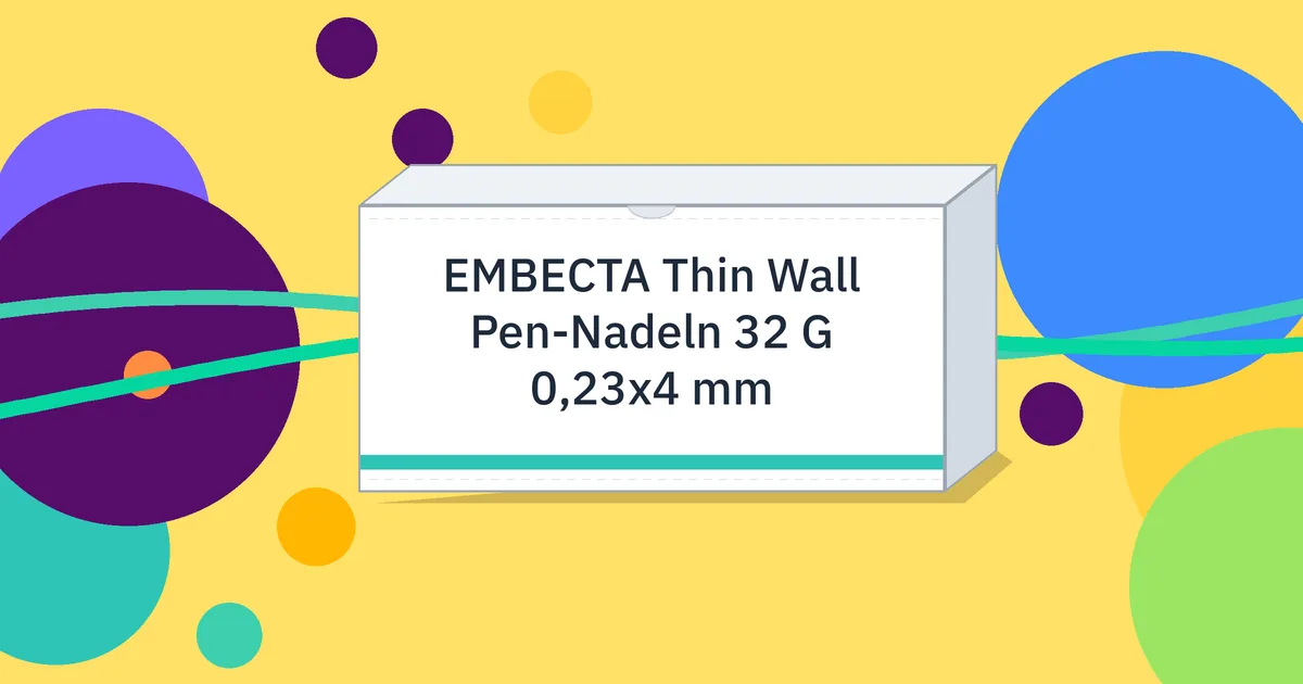 Symbolbild: Packung mit der Aufschrift EMBECTA Thin Wall Pen-Nadeln 32 G 0,23x4 mm (PZN 20651900) – Verfügbarkeit und Bezug in Apotheken in Frankfurt am Main