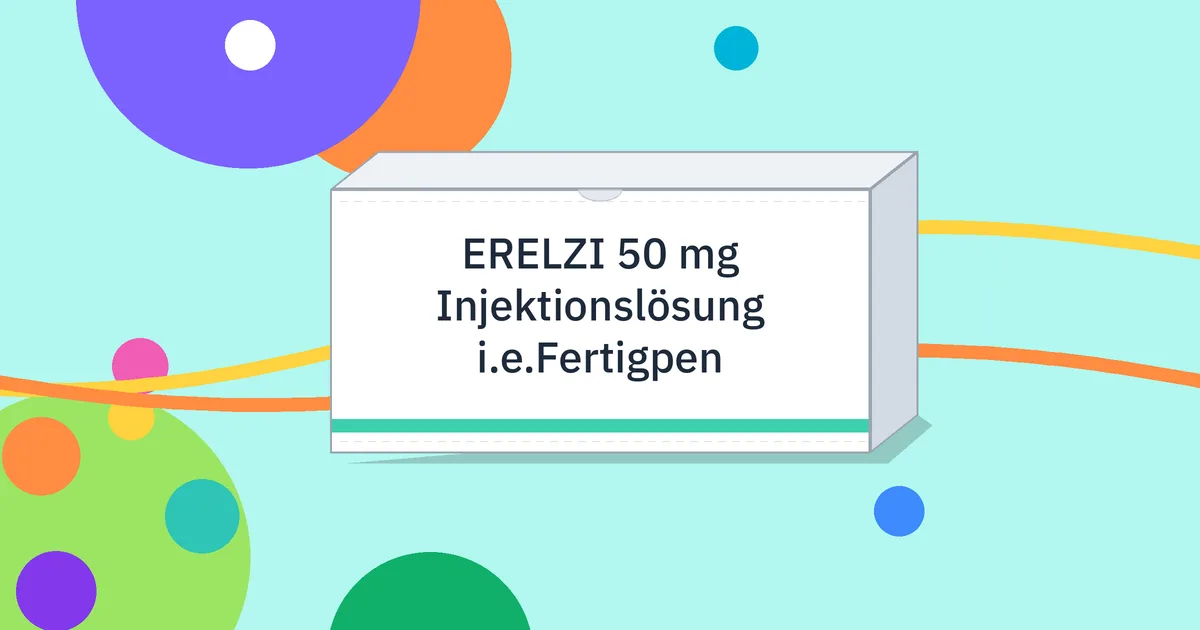 Symbolbild: Packung mit der Aufschrift ERELZI 50 mg Injektionslösung i.e.Fertigpen (PZN 11089204) – Verfügbarkeit und Bezug in Apotheken in Frankfurt am Main