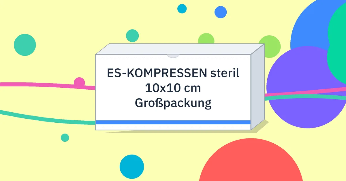 Symbolbild: Packung mit der Aufschrift ES-KOMPRESSEN steril 10x10 cm Großpackung (PZN 14306843) – Verfügbarkeit und Bezug in Apotheken in Frankfurt am Main