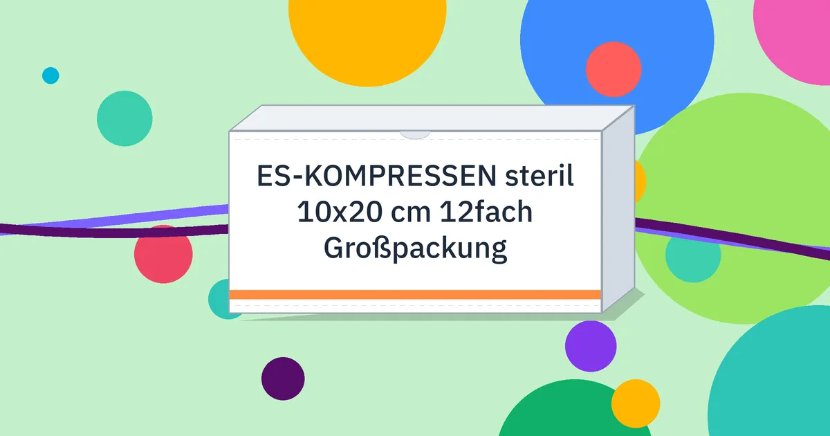 Symbolbild: Packung mit der Aufschrift ES-KOMPRESSEN steril 10x20 cm 12fach Großpackung (PZN 18680892) – Verfügbarkeit und Bezug in Apotheken in Frankfurt am Main