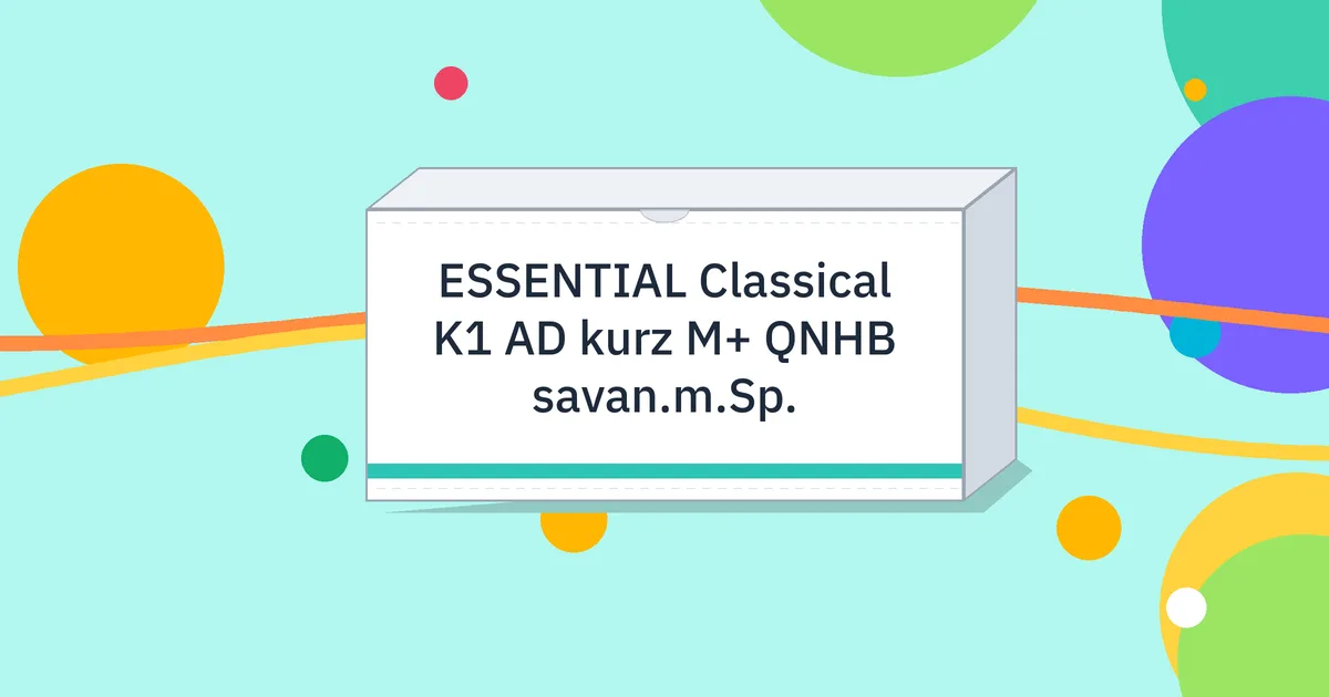 Symbolbild: Packung mit der Aufschrift ESSENTIAL Classical K1 AD kurz M+ QNHB savan.m.Sp. (PZN 18867194) – Verfügbarkeit und Bezug in Apotheken in Frankfurt am Main