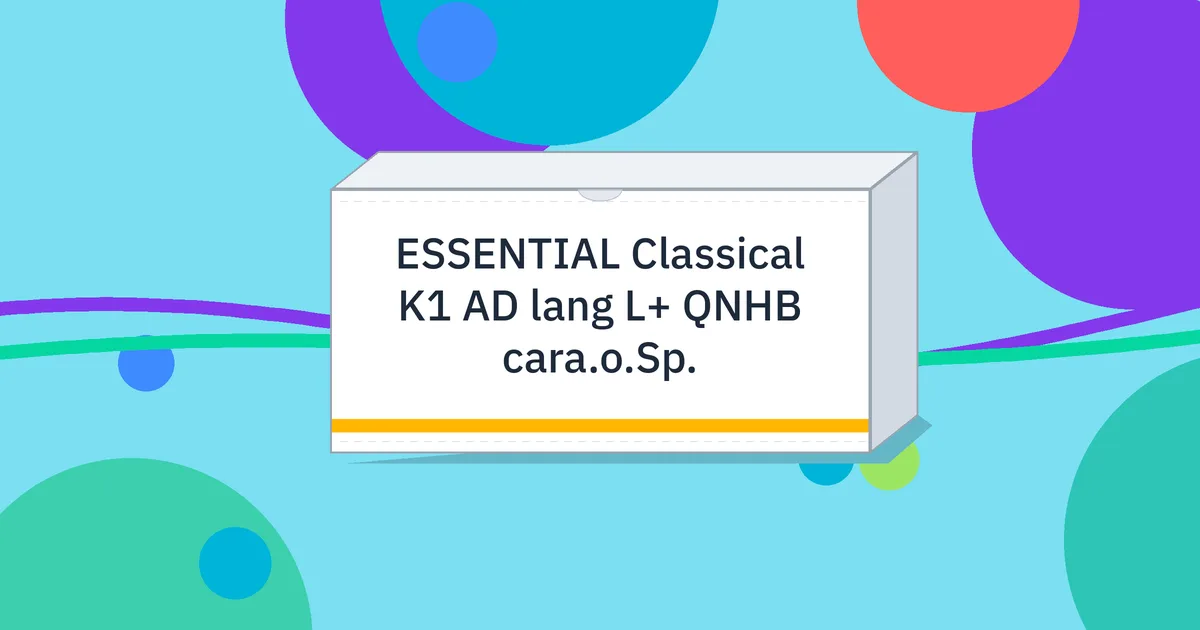 Symbolbild: Packung mit der Aufschrift ESSENTIAL Classical K1 AD lang L+ QNHB cara.o.Sp. (PZN 18866349) – Verfügbarkeit und Bezug in Apotheken in Frankfurt am Main